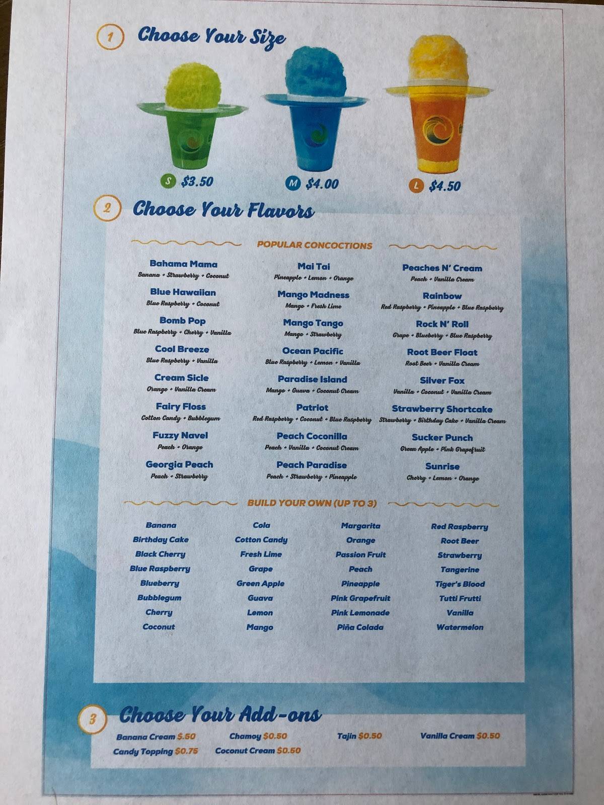 Menu at M & K Sno Cones/Pucketts Sno Cones Shaved Ice, The Woodlands