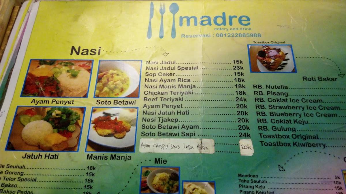 Menu at MADRE restaurant, Garut, Jl. Terusan Pembangunan No.222
