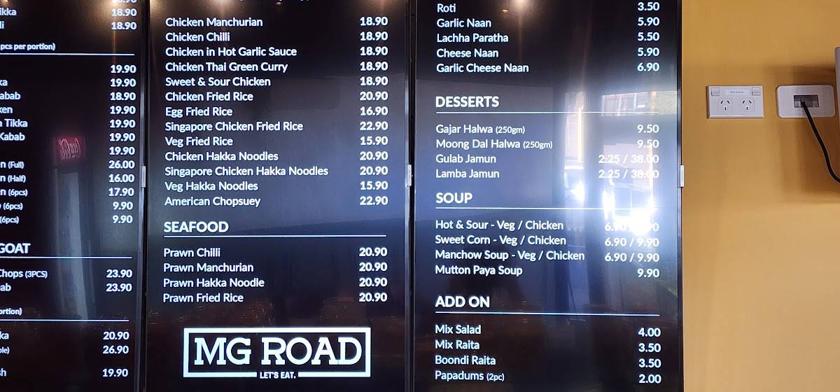 Menu at MG Road Eatery restaurant, Christchurch