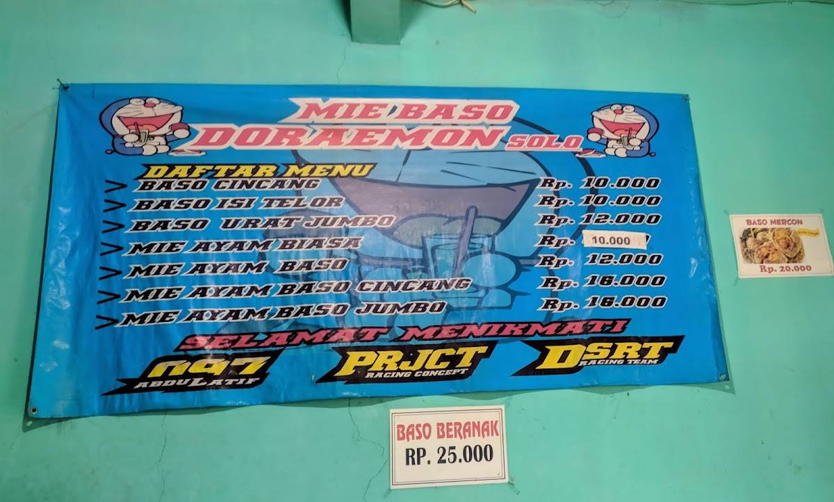 Menu at MIE BASO DORAEMON restaurant, Bandung, Jl. Anyar No.85