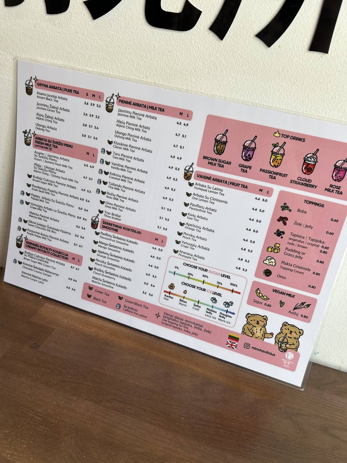 Menu at MIN CHA, Vilnius