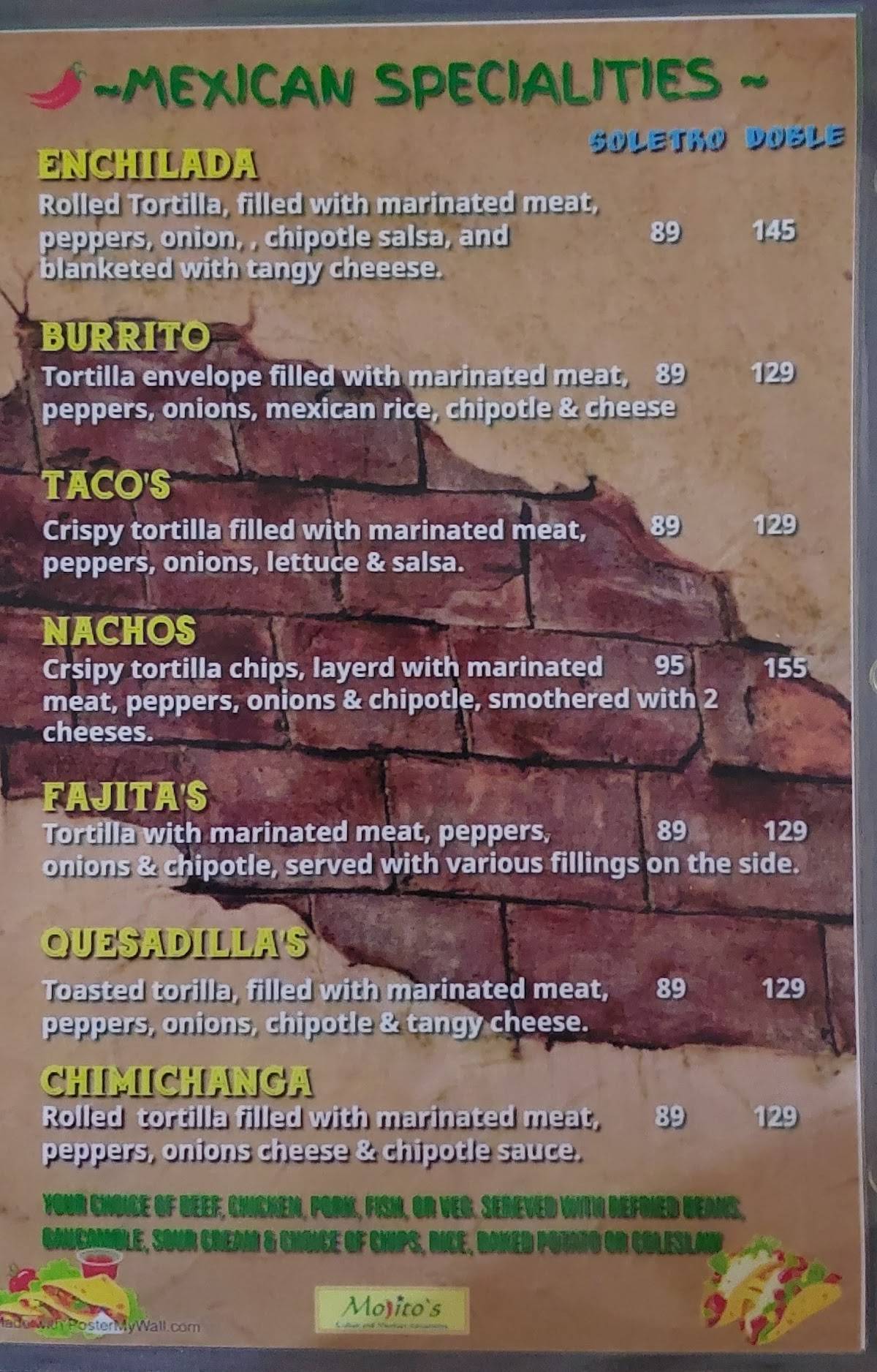 Menu at MOJITOS restaurant, Richards Bay