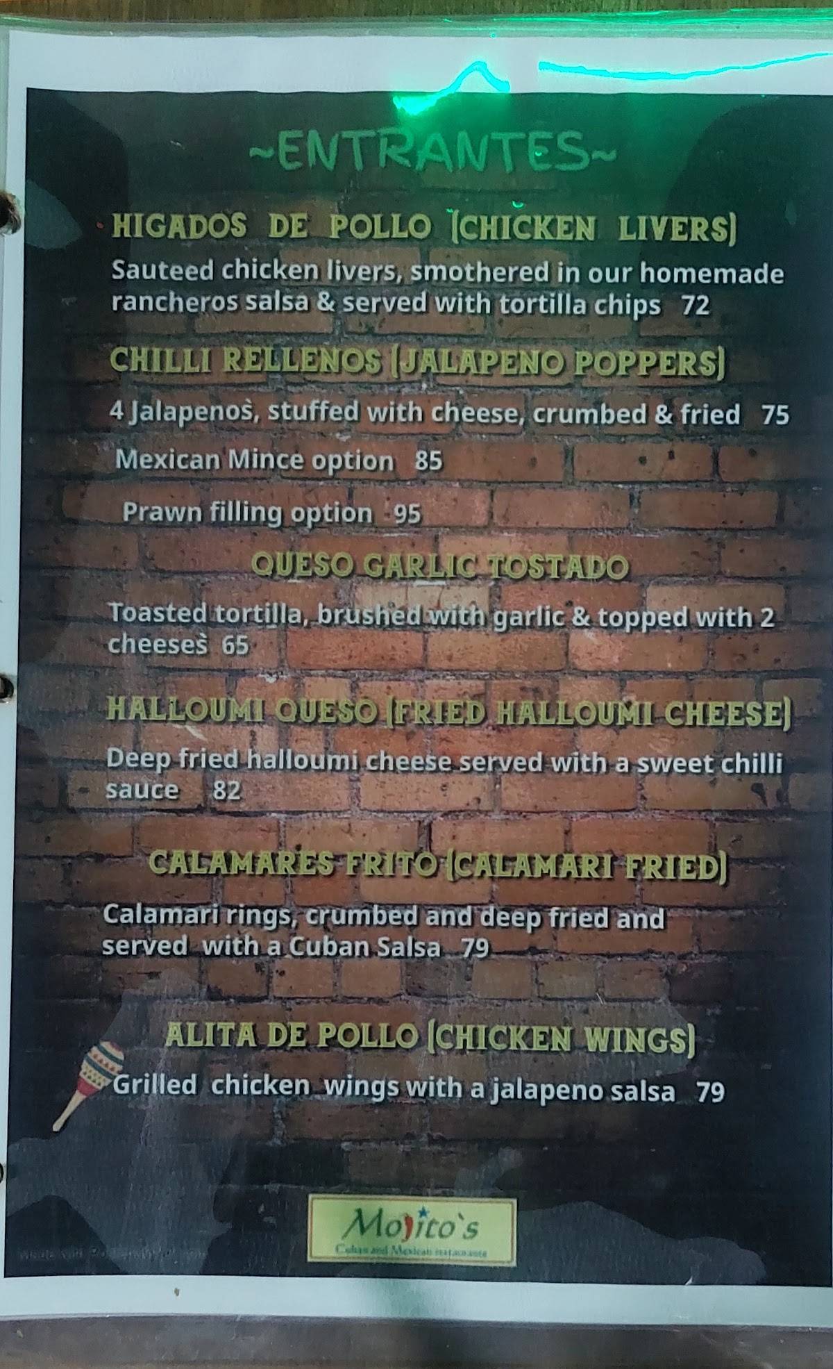 Menu at MOJITOS restaurant, Richards Bay