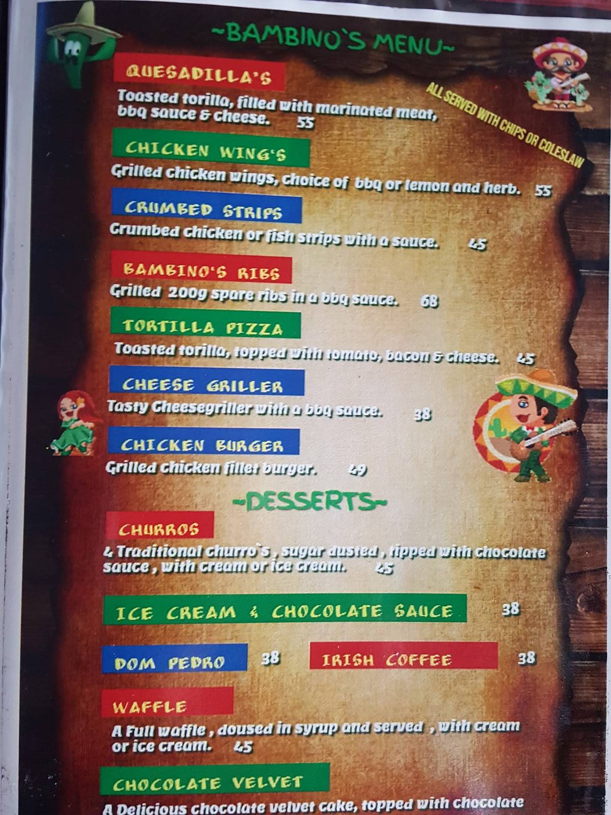 Menu at MOJITOS restaurant, Richards Bay