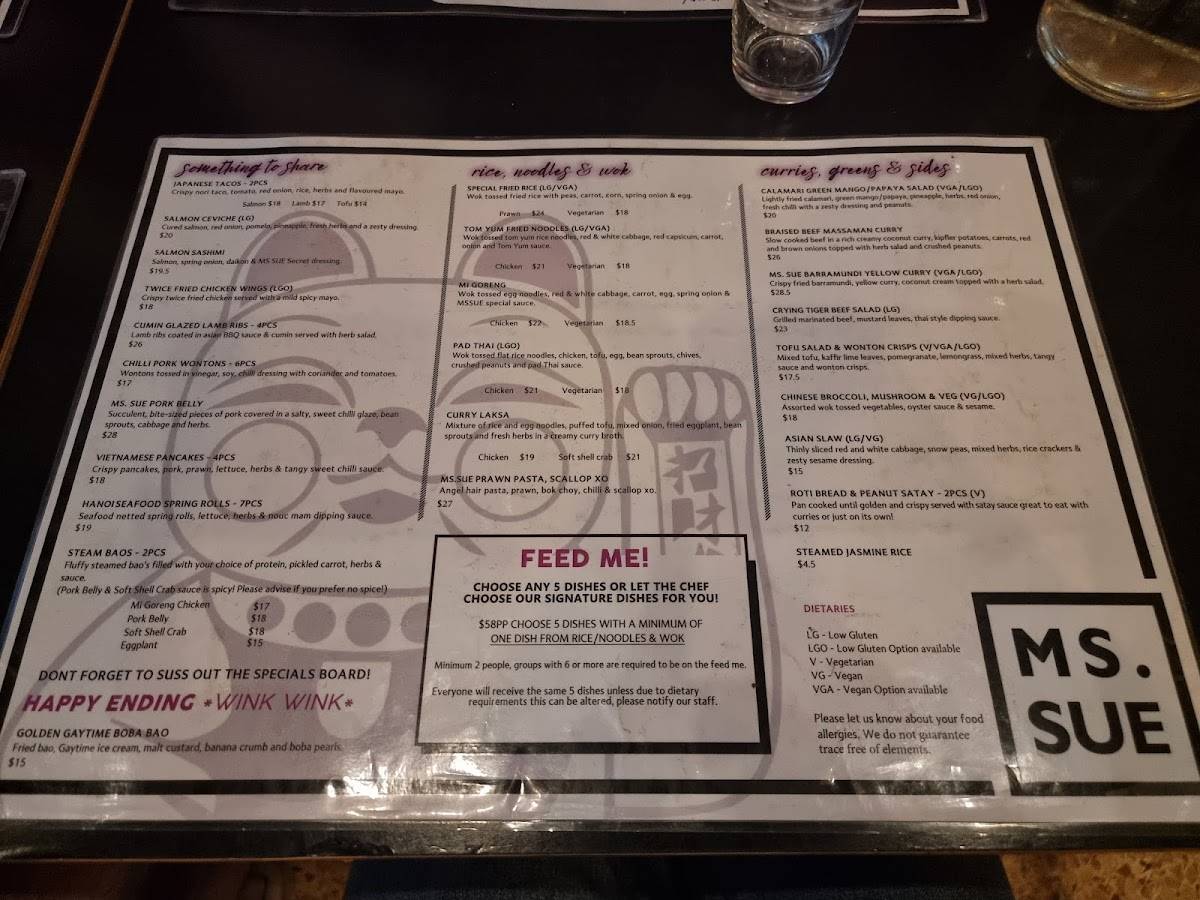 Menu at MS.SUE restaurant, Footscray