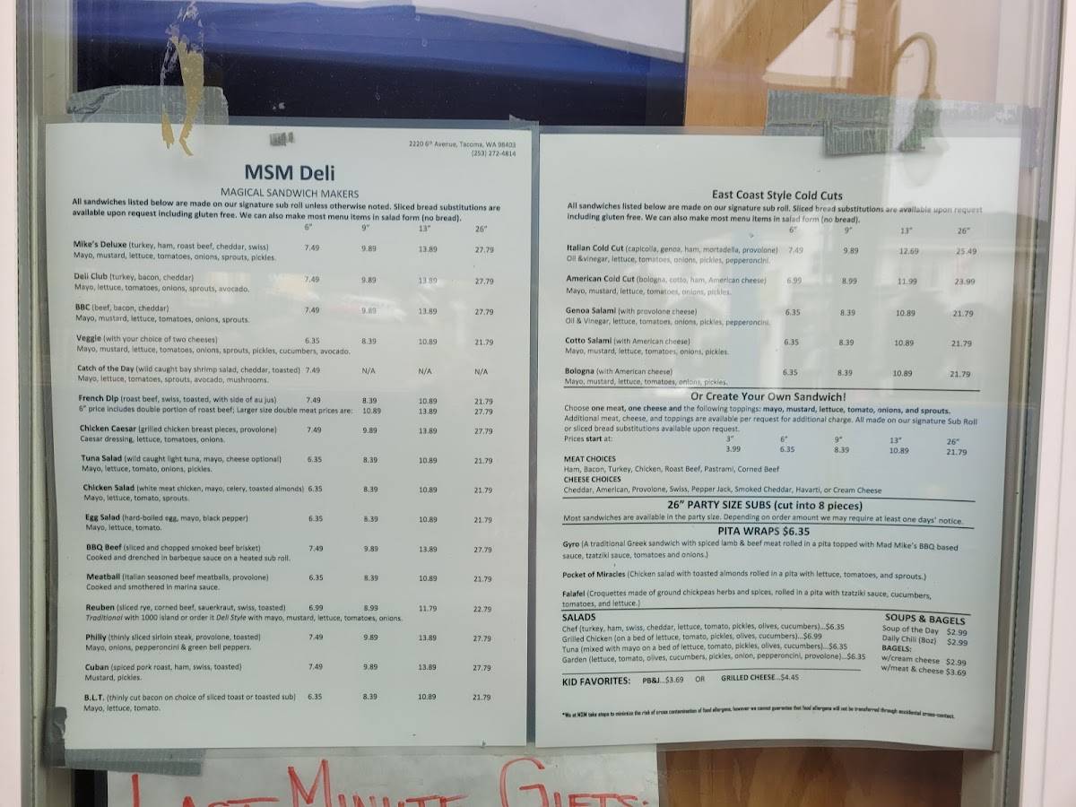 Menu at MSM Deli restaurant, Tacoma