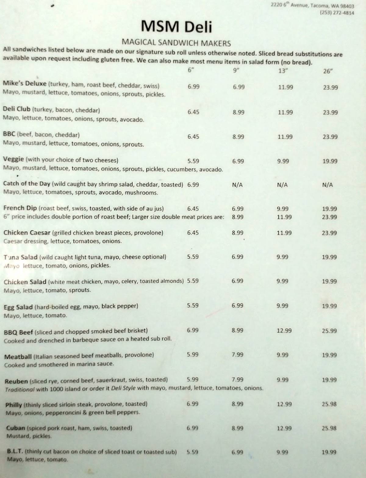 Menu at MSM Deli restaurant, Tacoma
