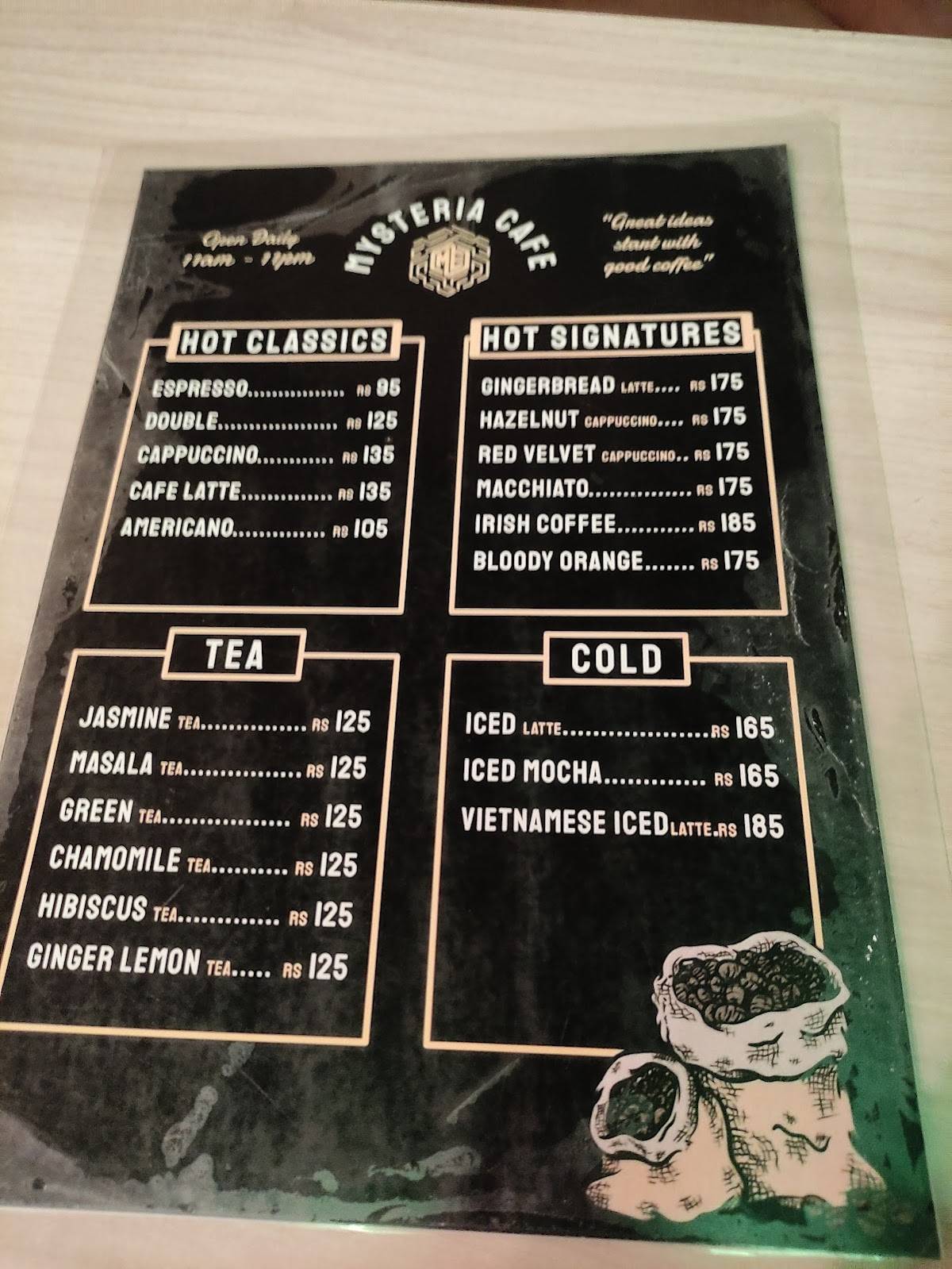 Menu at MYSTERIA Café, Diner & Games, Varanasi