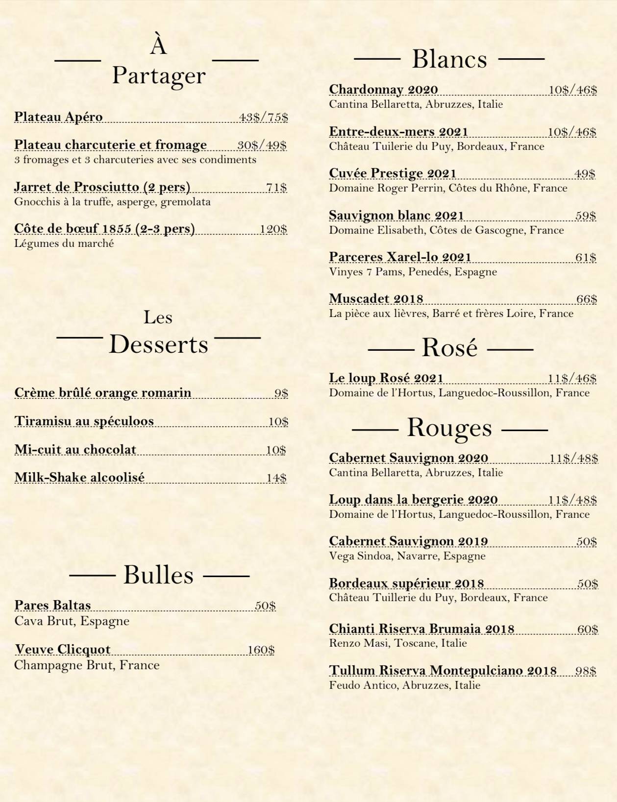 Menu at Maître Edgar restaurant, L'Assomption