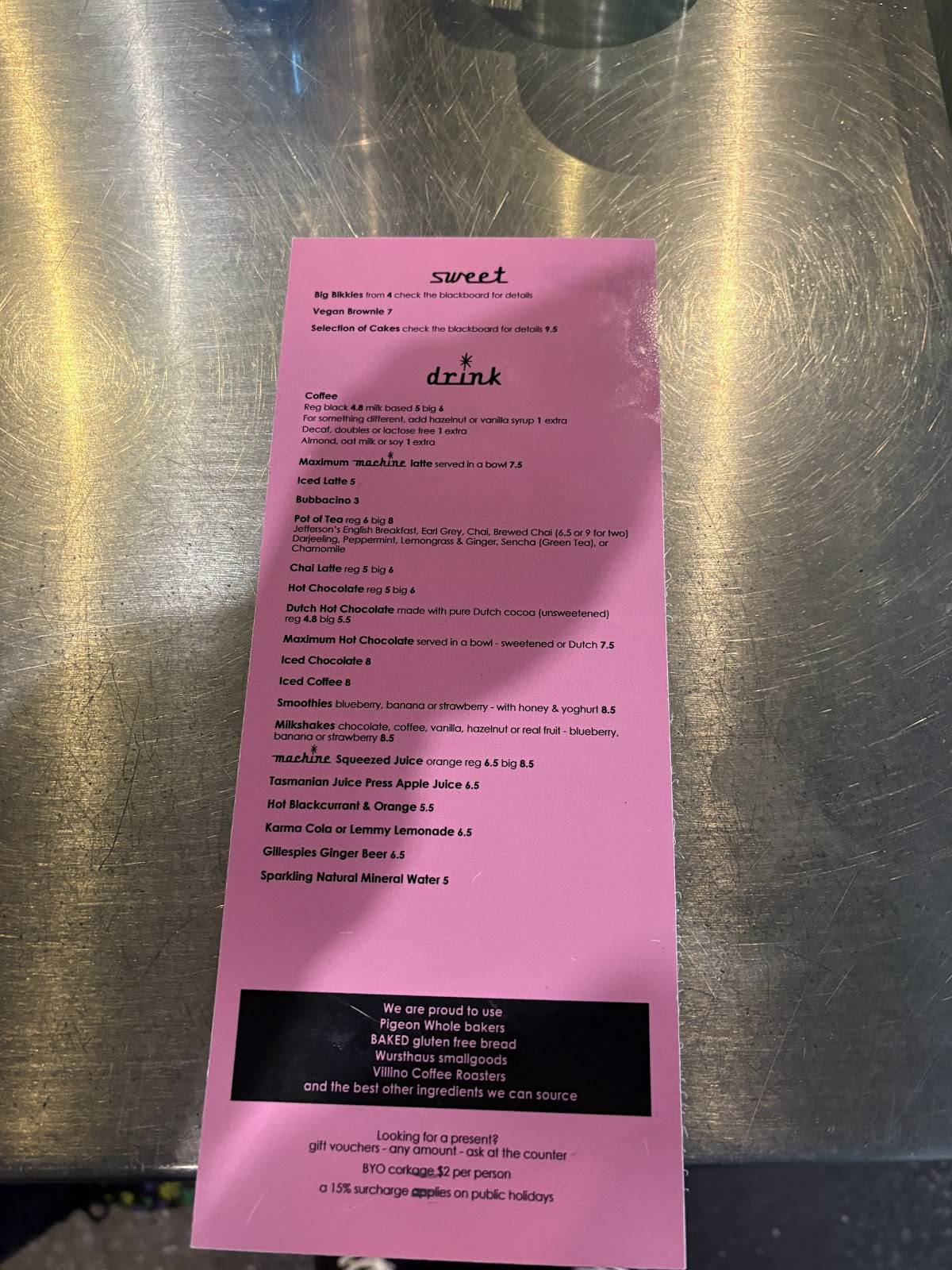 Menu at Machine Laundry Cafe, Battery Point