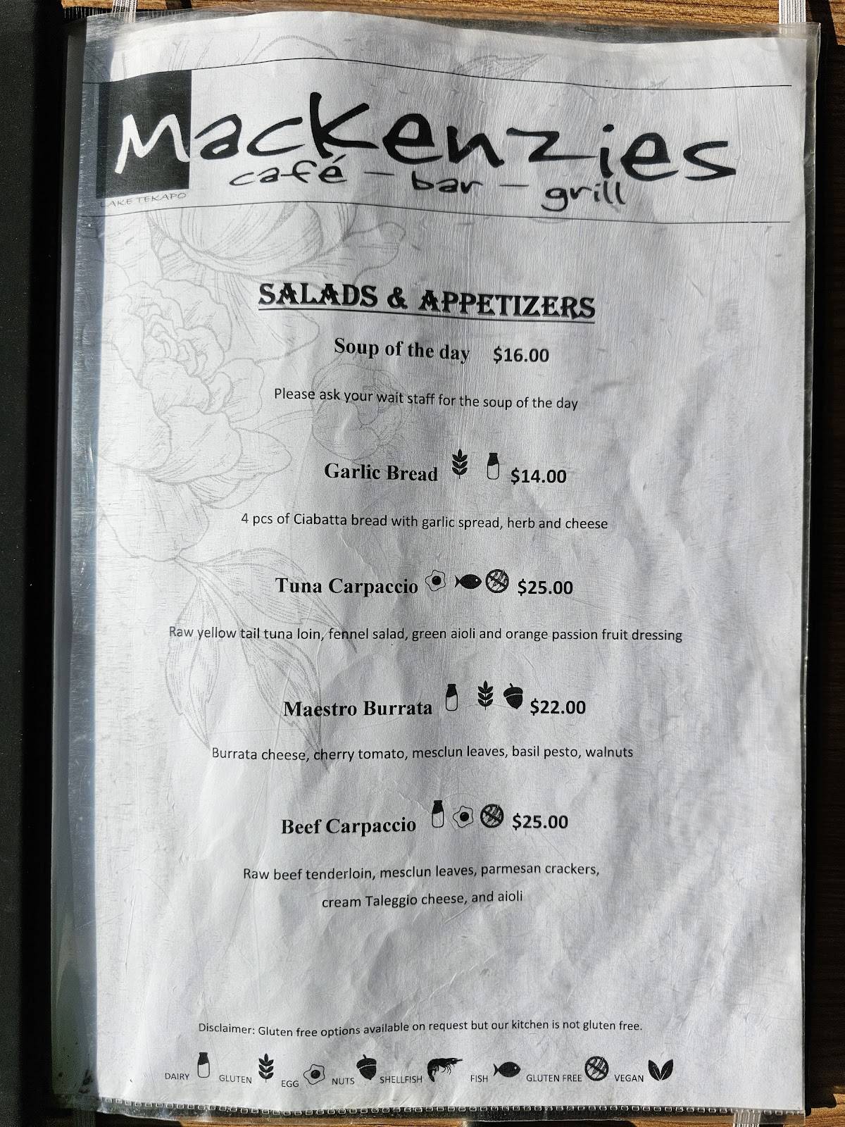 Menu at Mackenzies Cafe Bar & Grill, Lake Tekapo