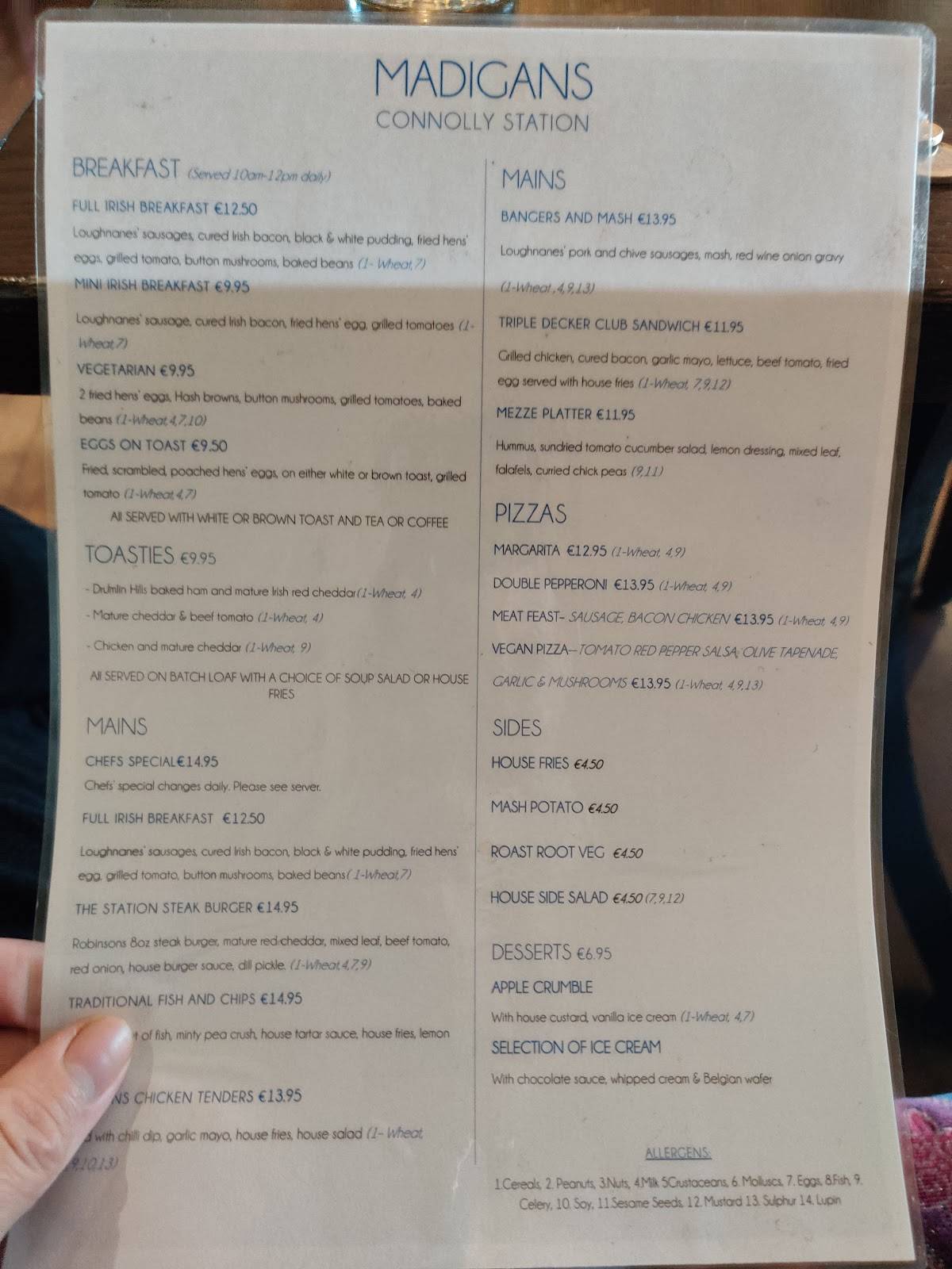 Menu at Madigan's Pub Connolly Station, Dublin, Connolly Station