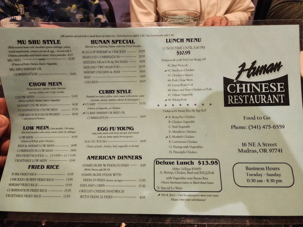 Menu at Hunan Chinese Restaurant, Madras