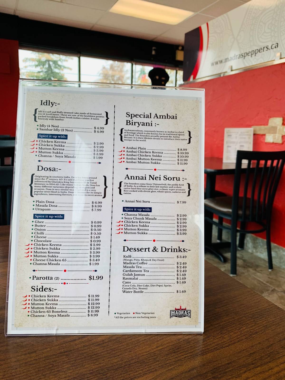 Menu at Madras Peppers restaurant, Mississauga