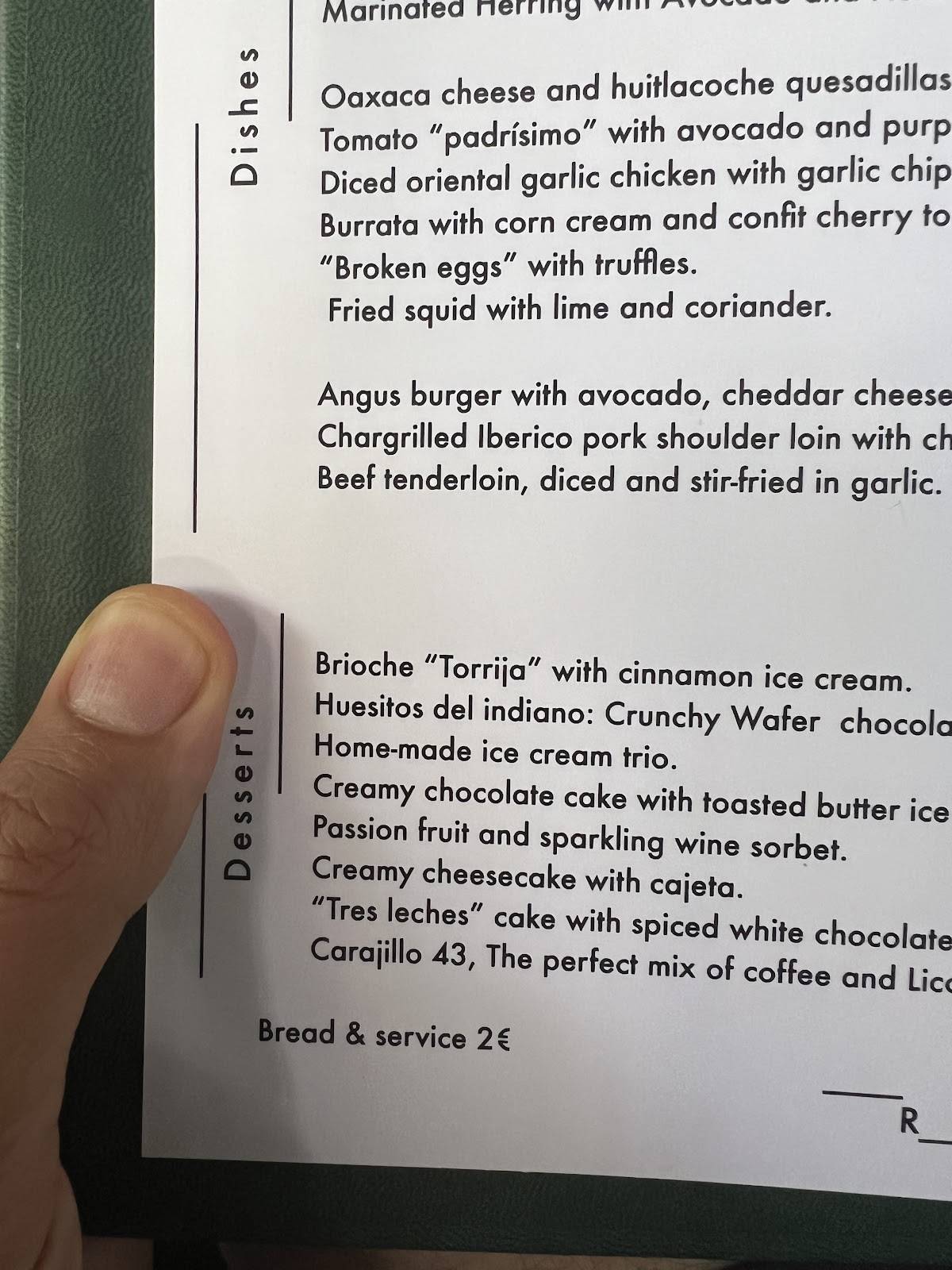 Carta del restaurante Raimunda, Madrid