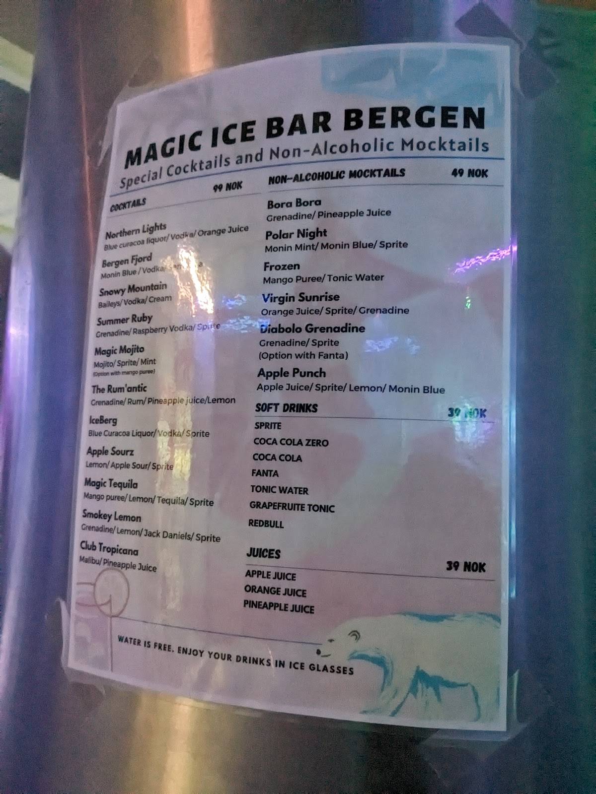 Menu at Magic Ice Bar, Bergen
