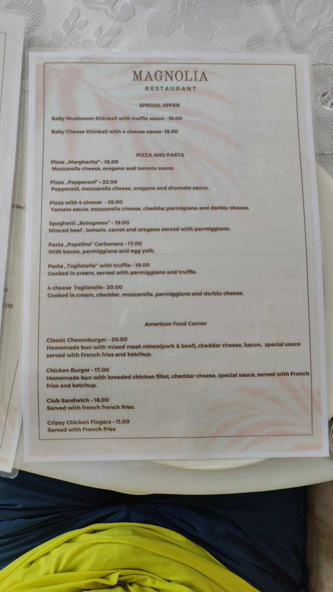 Menu at Magnolia restaurant, Tskaltubo