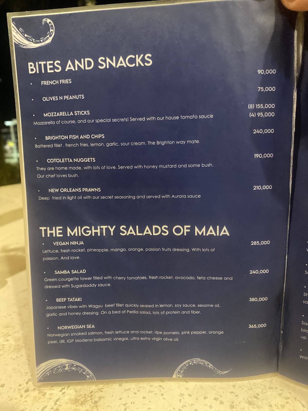 Menu at Maia beach bar Da Nang, Da Nang
