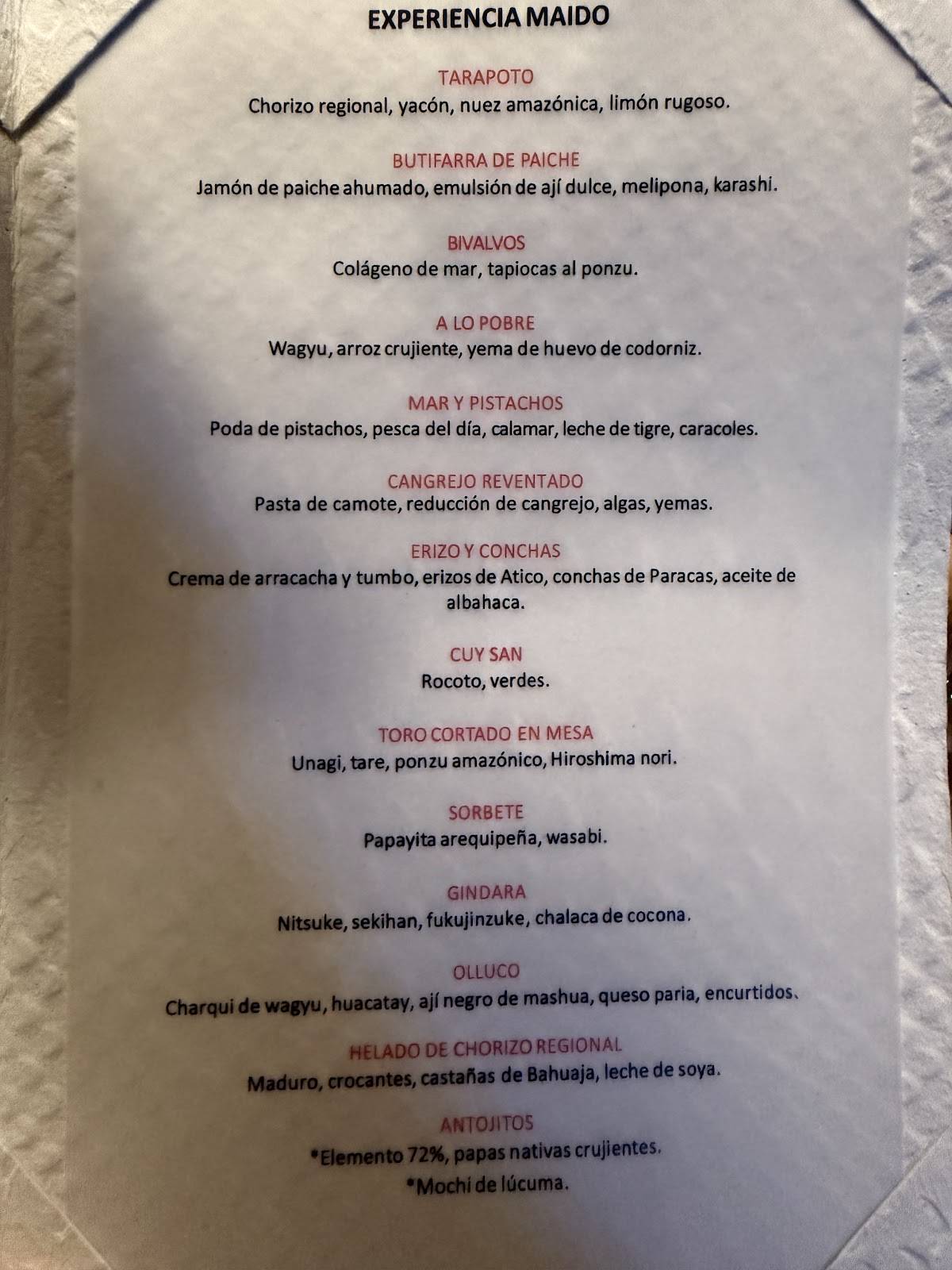 Carta del restaurante Maido, Miraflores, Ca. San Martín No. 399