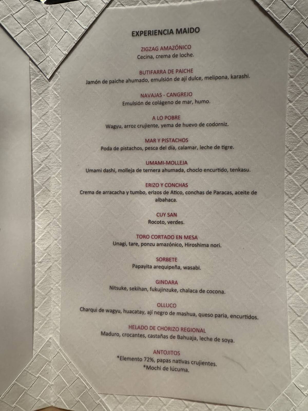 Carta del restaurante Maido, Miraflores, Ca. San Martín No. 399