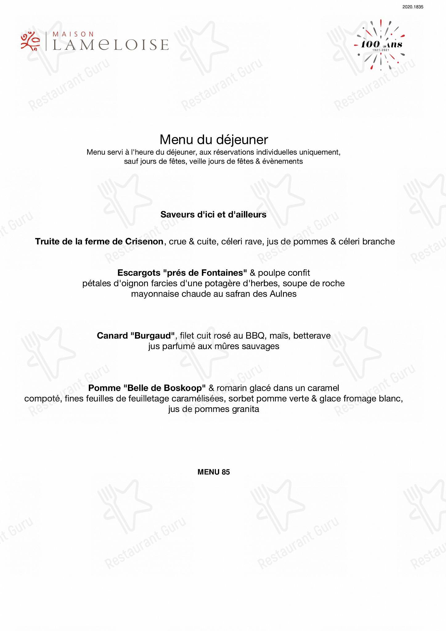 Menu au Maison Lameloise restaurant, Chagny, 36 place d'Armes
