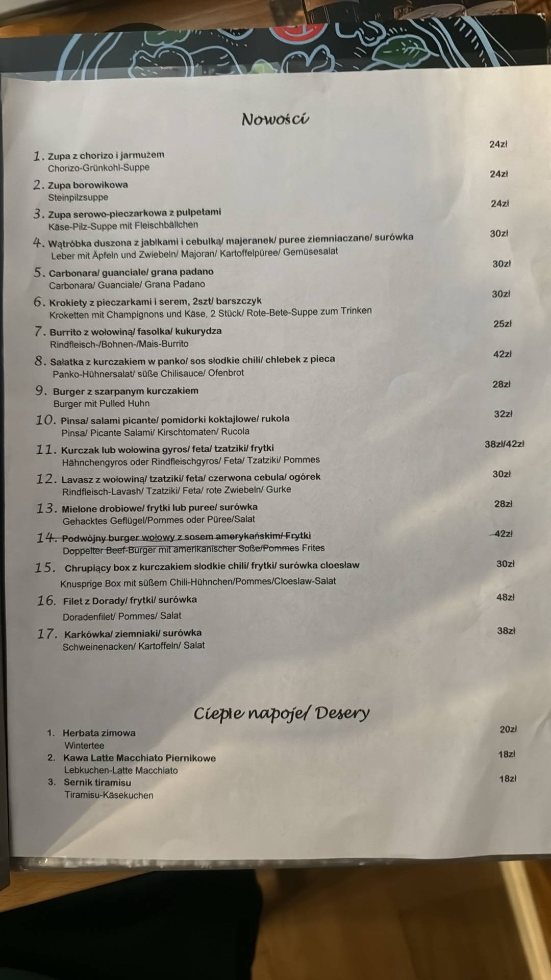 Menu at Makarun restaurant, Chojna