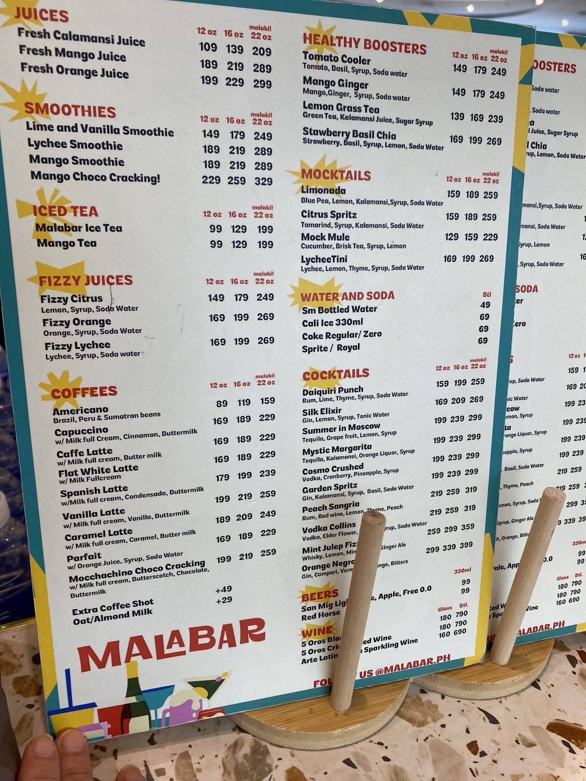 Menu at Malabar, Taguig