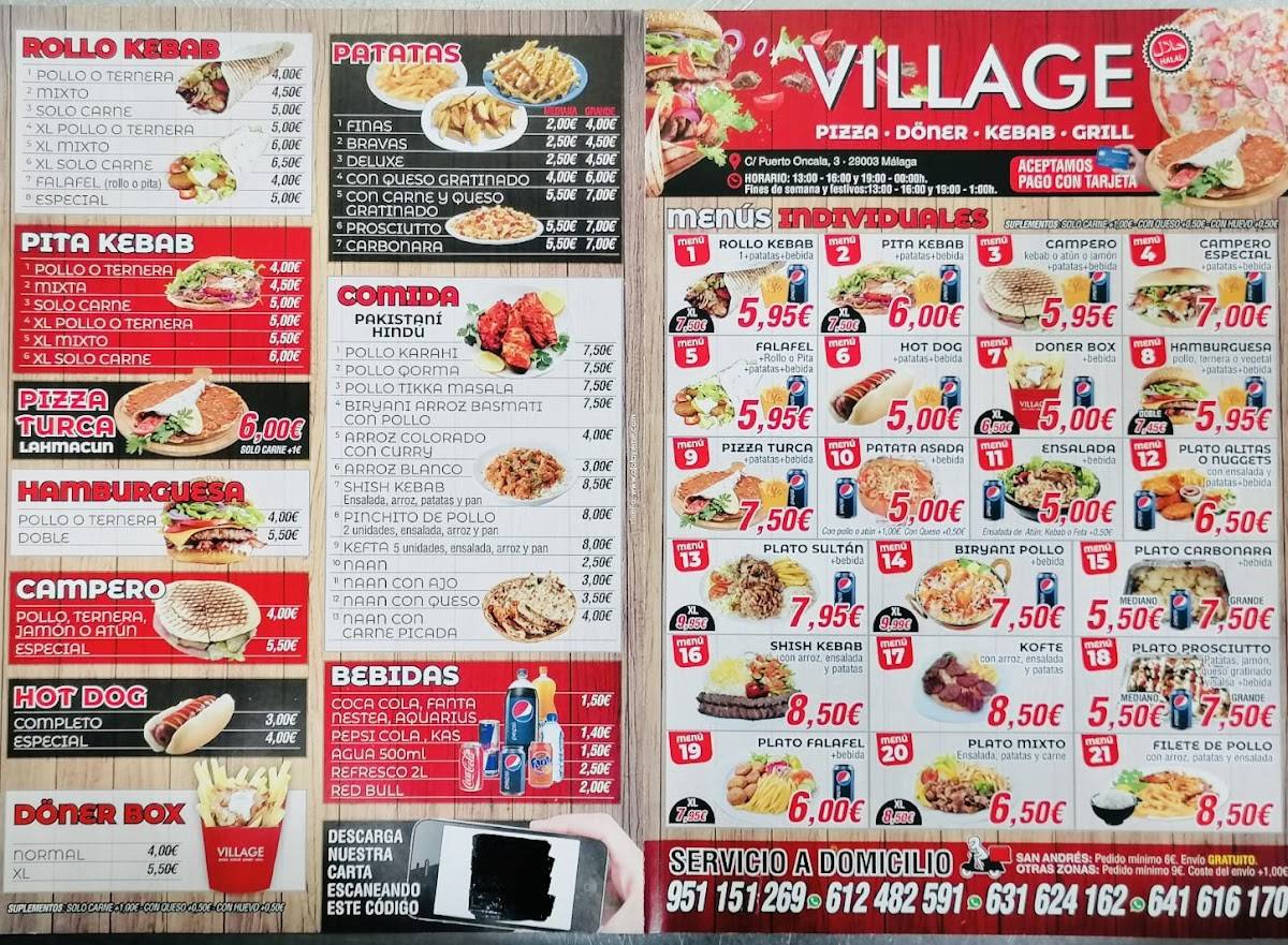 Carta del restaurante Village Pizza Doner Kebab, Málaga