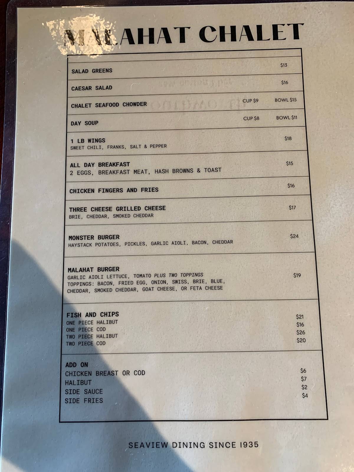 Menu at The Malahat Chalet restaurant, Malahat