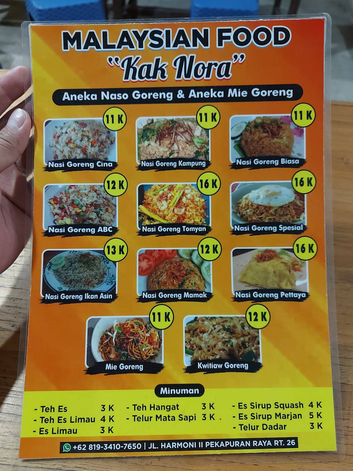 Menu at Malaysian Food Kak Nora restaurant, Banjarmasin