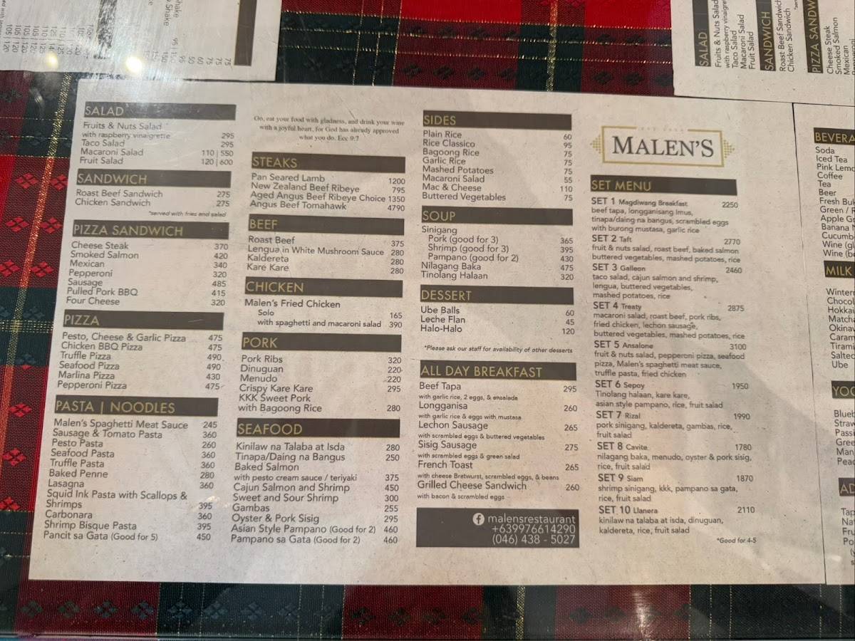Menu at Malen's Restaurant, Noveleta