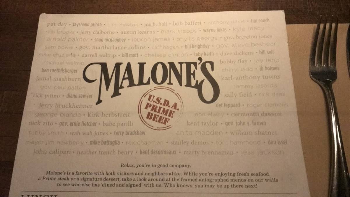 Menu at Malone's Lansdowne restaurant, Lexington, Tates Creek Rd