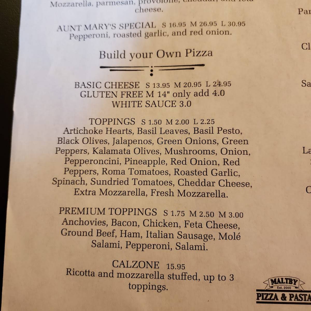 Menu at Maltby Pizza & Pasta pizzeria, Maltby