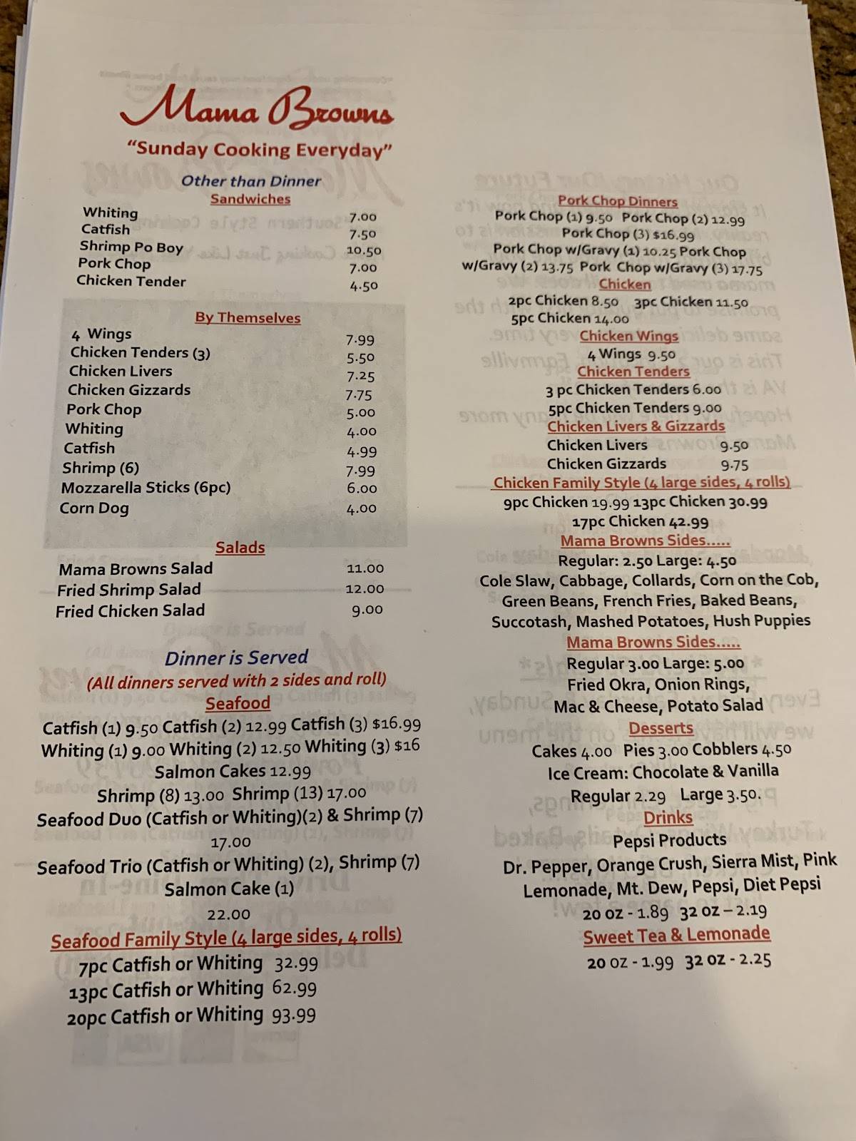 Menu at Mama Brown's restaurant, Powhatan