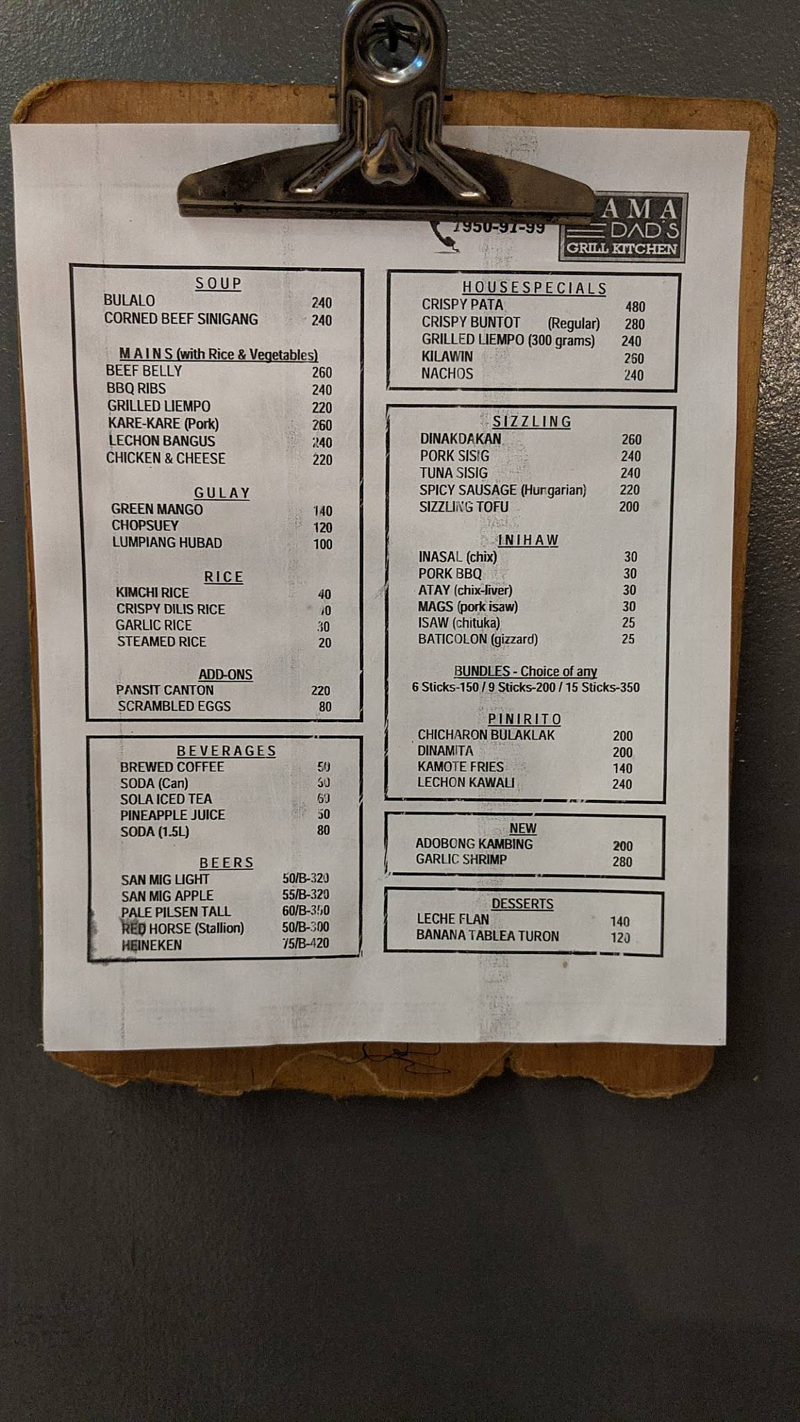 Menu at Mama Dad's Grill Kitchen pub & bar, Manila