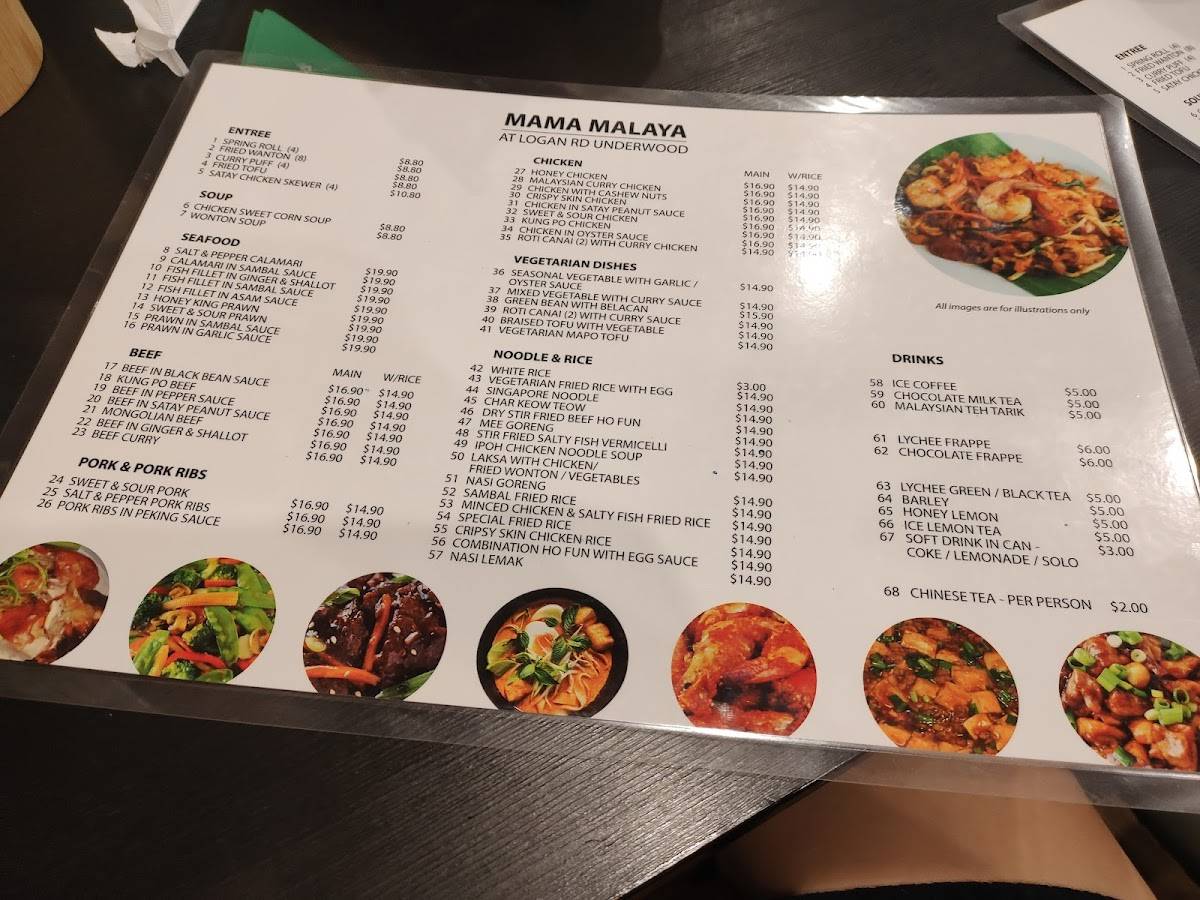 Menu at Mama Malaya restaurant, Underwood