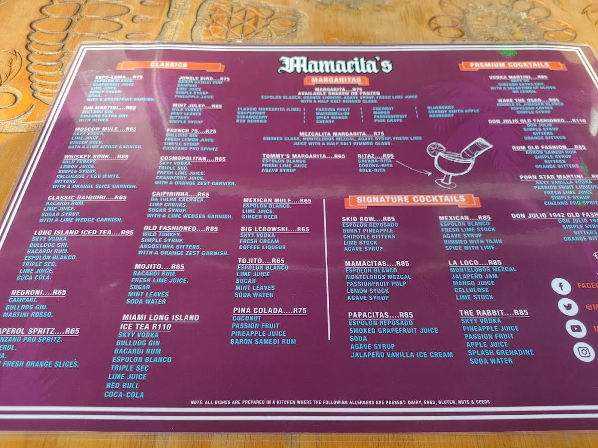Menu at Mamacitas Cape Town restaurant, Cape Town