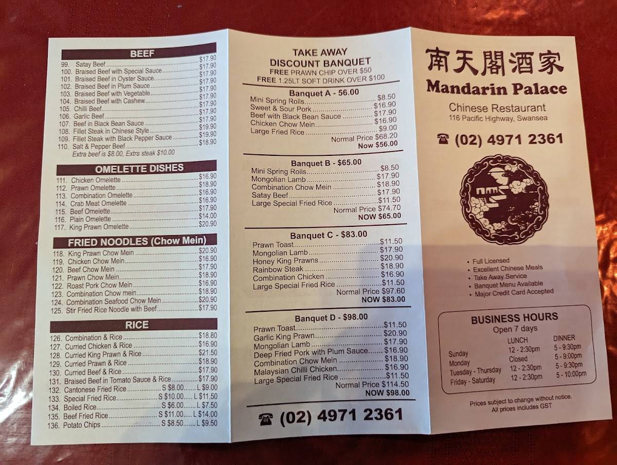 Menu at Mandarin Restaurant, Swansea