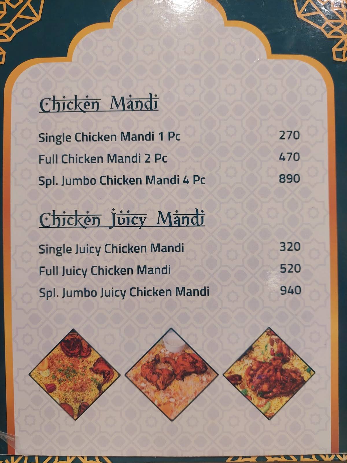 Menu at Mandi@Arabia, Hyderabad