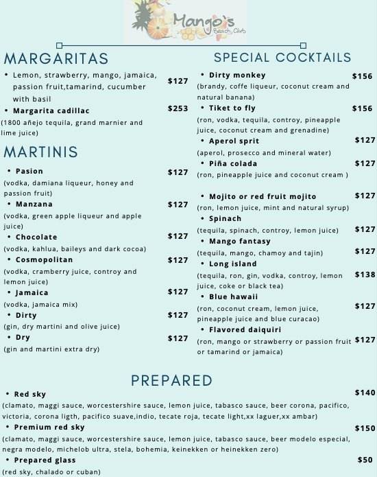 Menu at Mangos Beach Club, Puerto Vallarta