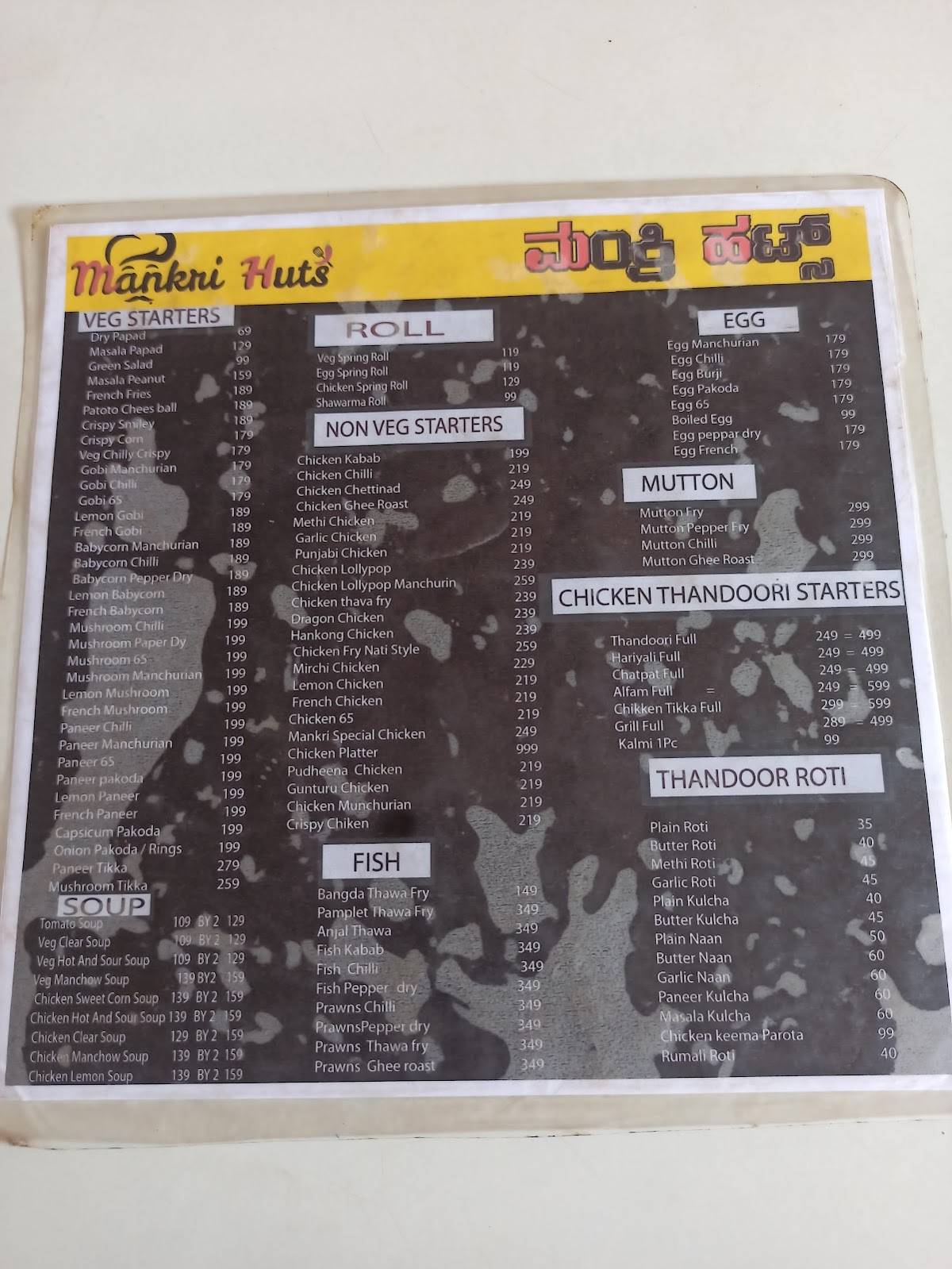 Menu at Mankri Huts, Bengaluru