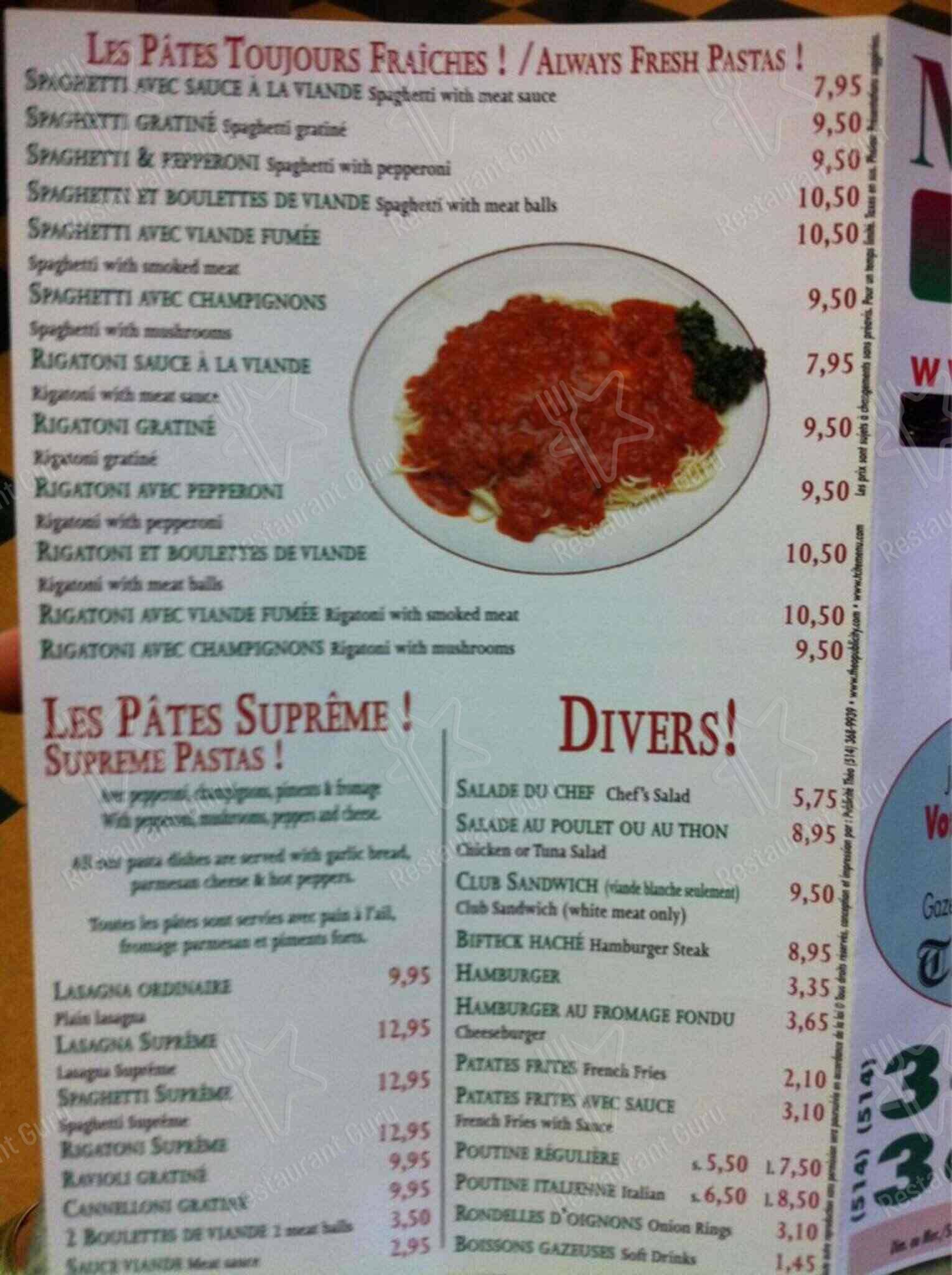 Menu at Manzo Pizzeria, Montréal