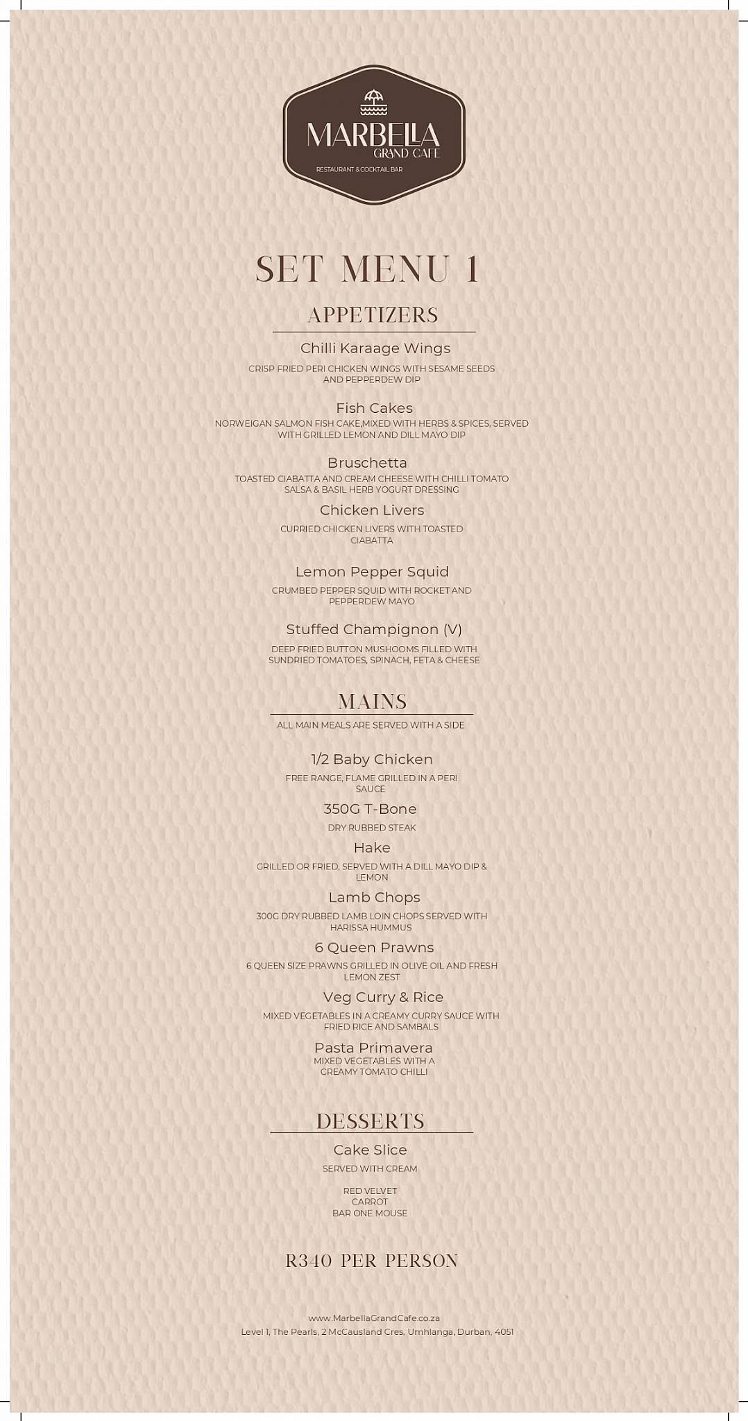 Menu at Marbella Grand Cafe, Durban