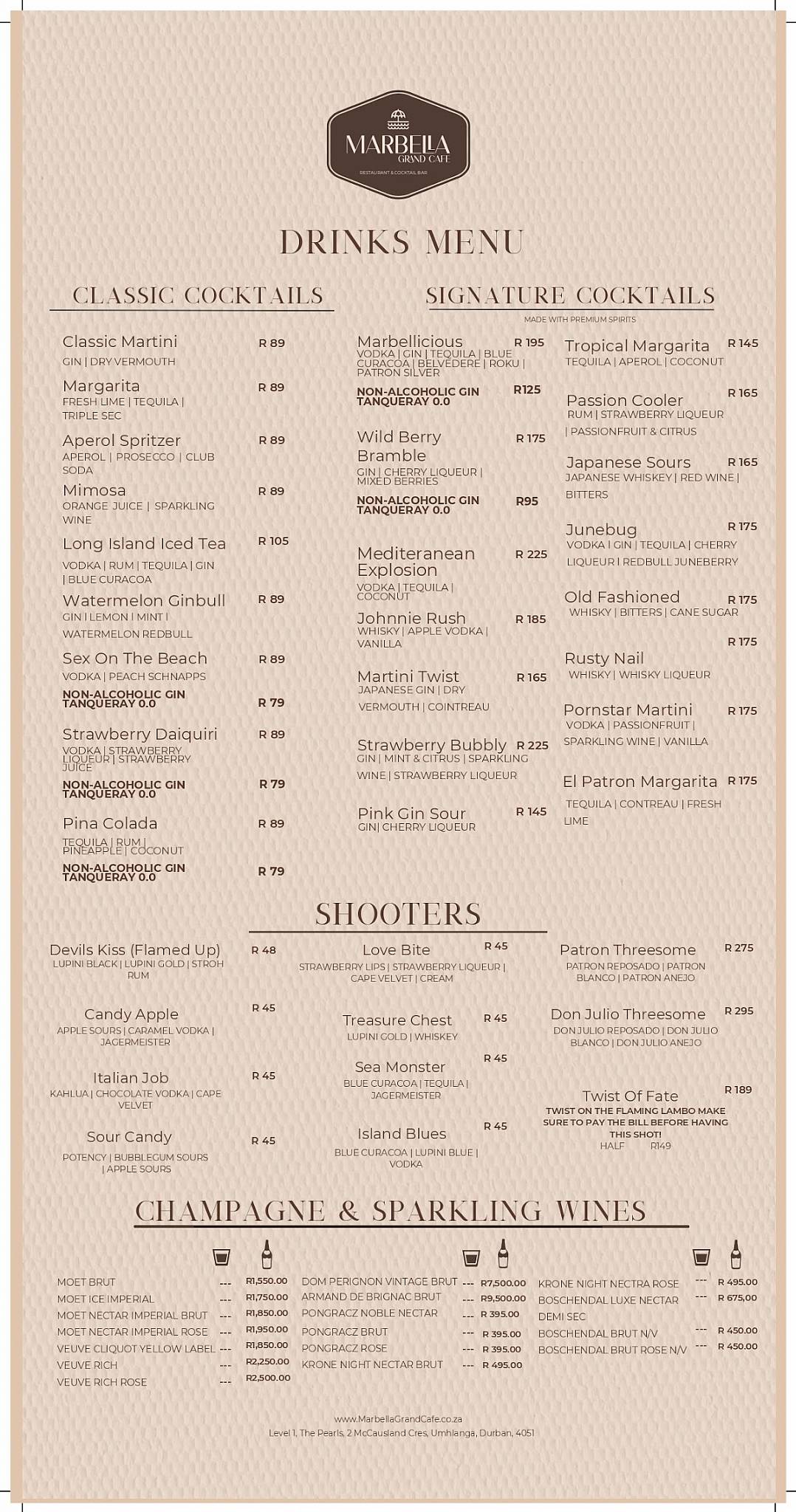 Menu at Marbella Grand Cafe, Durban
