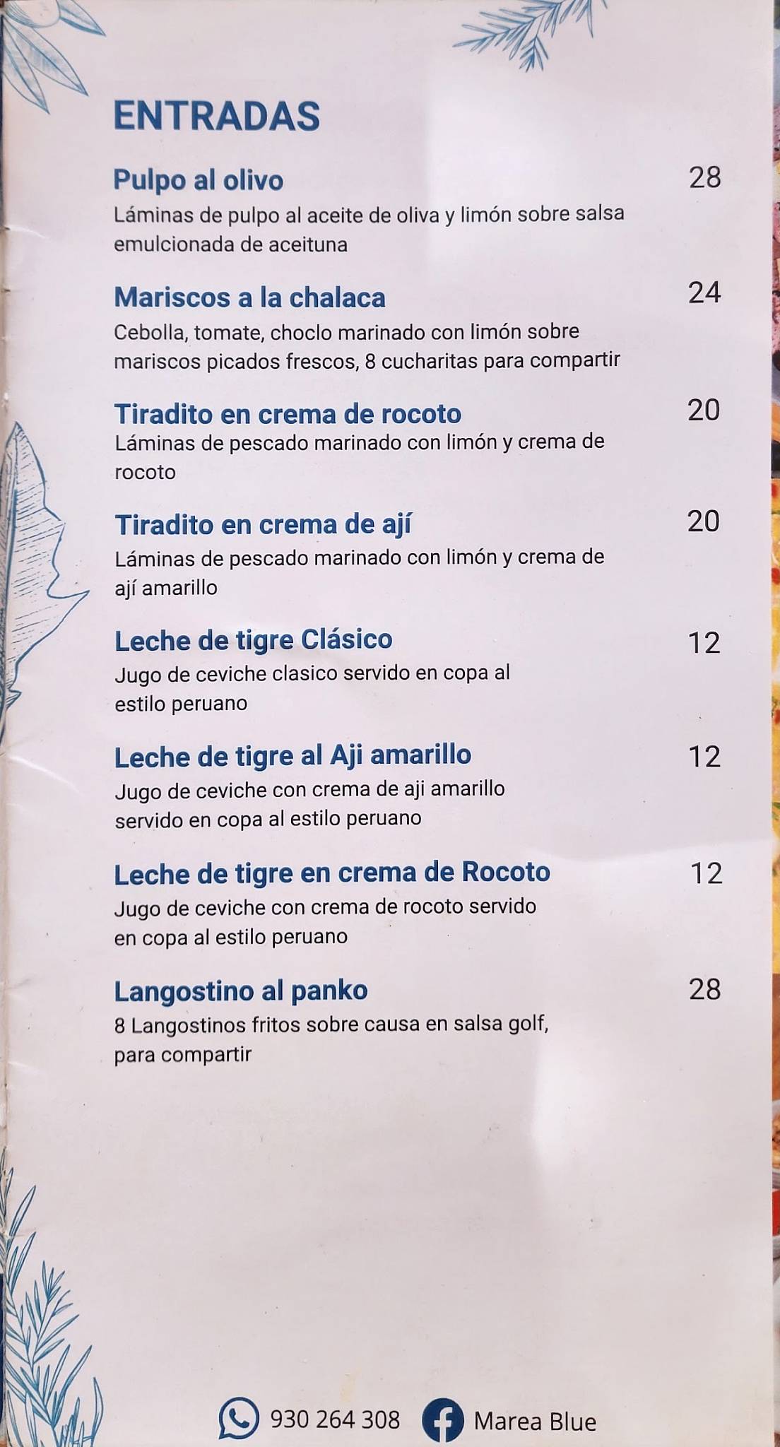 Menu at Marea Blue restaurant, Tacna