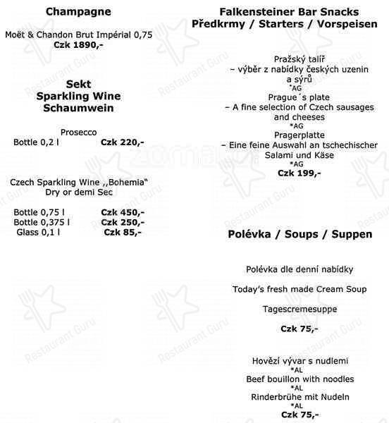 Menu at Falkensteiner Hotel Prague restaurant, Prague