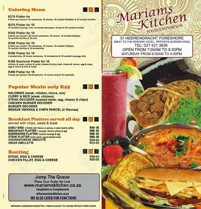 Menu at Mariams Kitchen ForeShore restaurant, Cape Town, 31 Heerengracht St