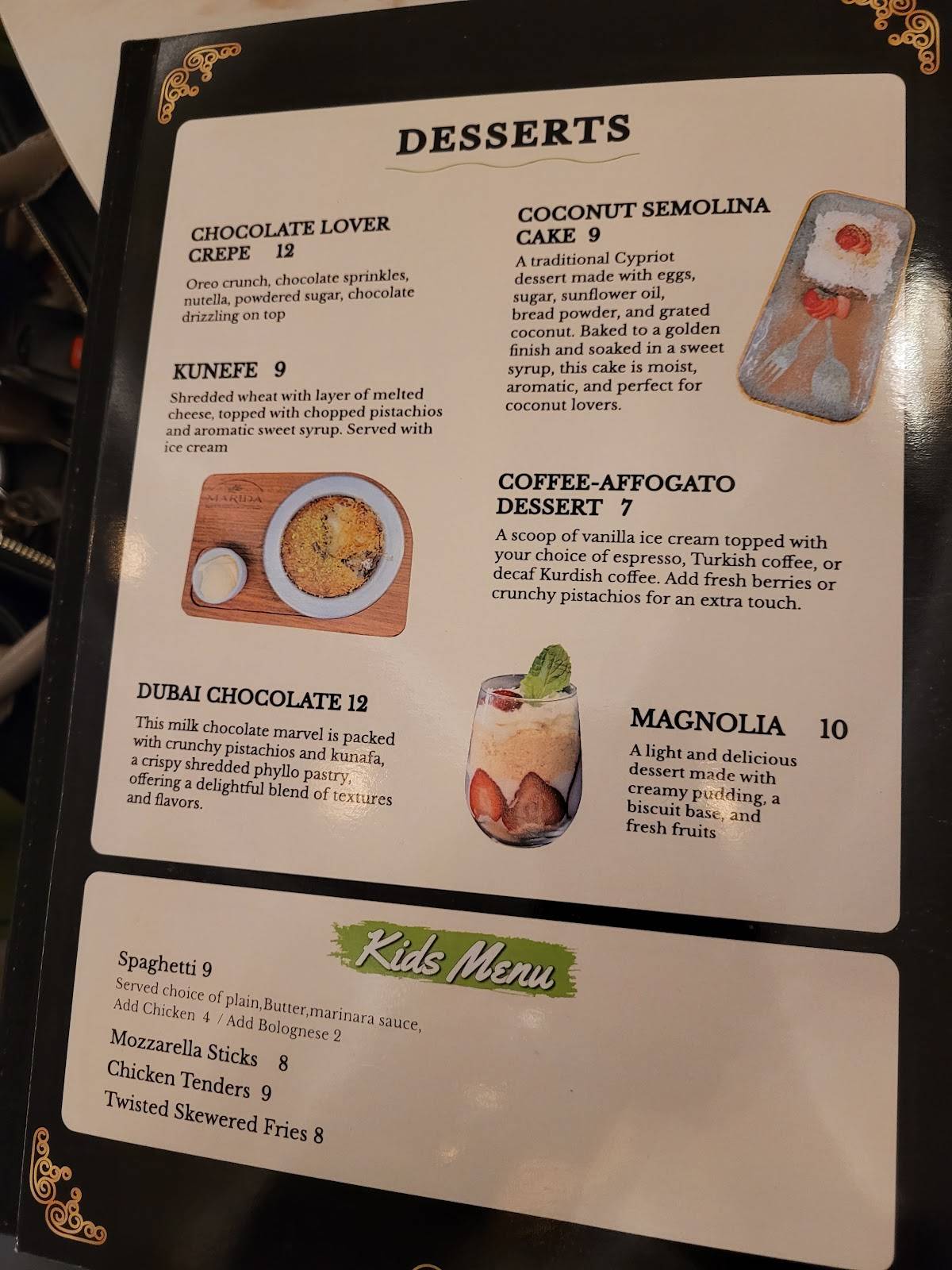 Menu at Marida Mediterranean Restaurant, Newburgh