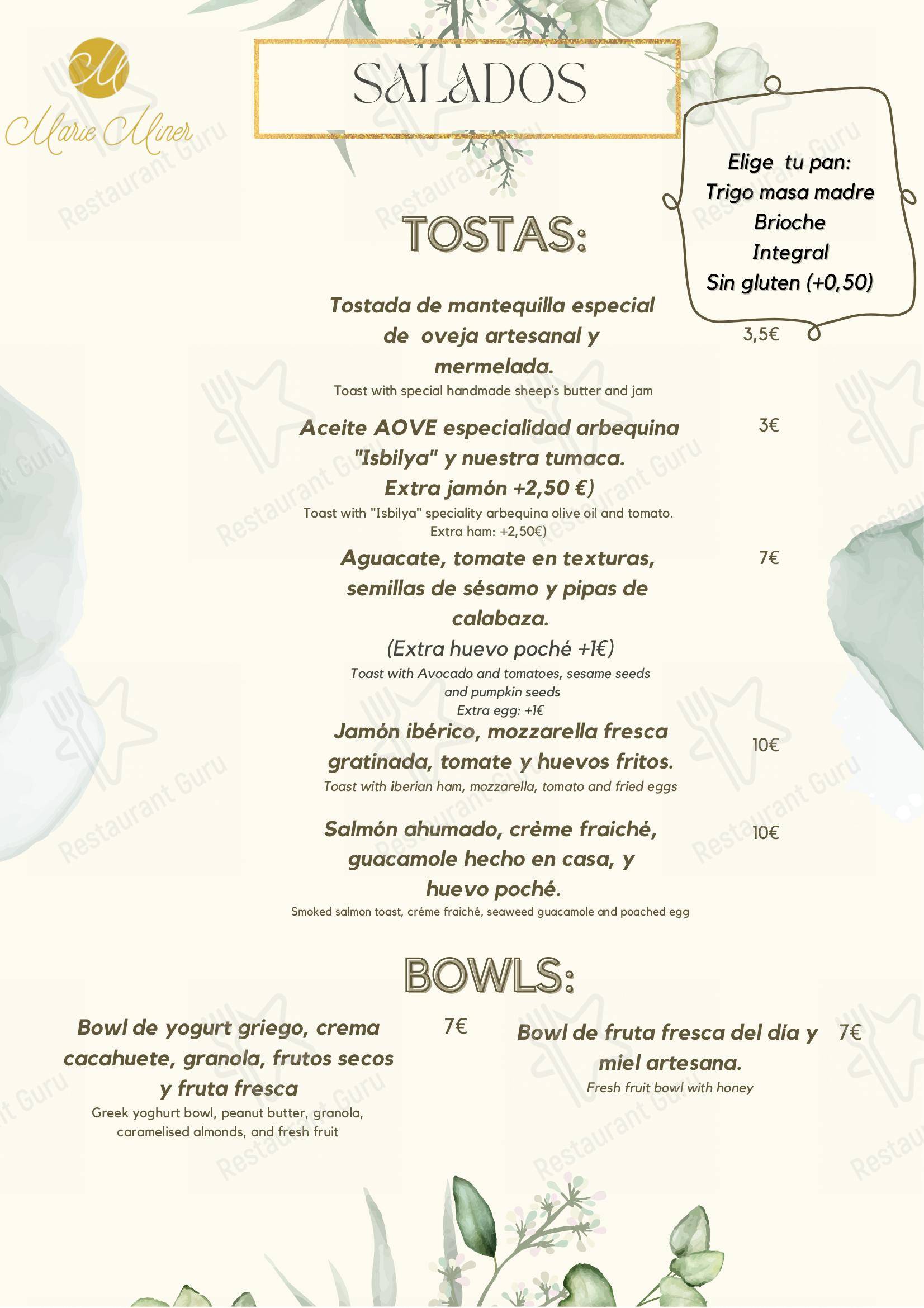 Carta de Restaurante Marie Miner, Santiago de Compostela