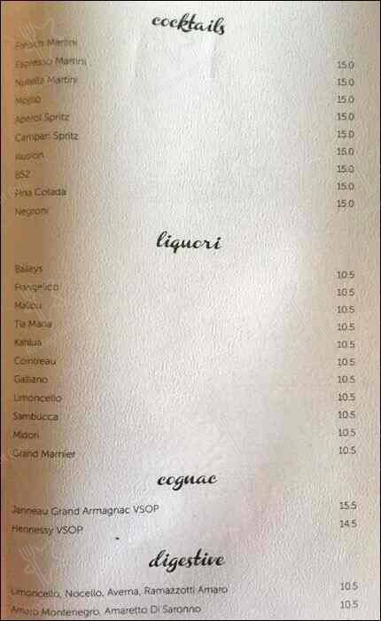 Menu at Marinara Trattoria restaurant, Paddington